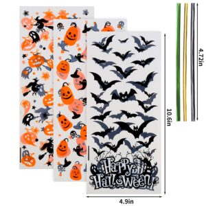 LOKIPA Halloween Cellophane Treat Candy Bags,150 Pieces Halloween Cellophane Gift Goody Snack Sweet Bags with Twist Ties for Halloween Party Supply（3 Style）