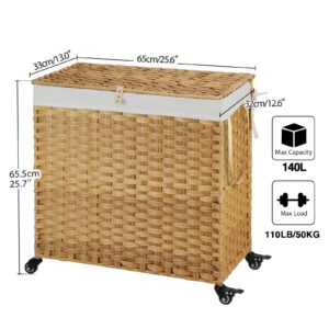 Greenstell Laundry Hamper with Wheels&Lid, 140L Large 3 Sections Clothes Hamper with 2 Types Removable Liner Bags, 5 Mesh Laundry Bags, Handwoven Divided Laundry Basket for Clothes, Natural