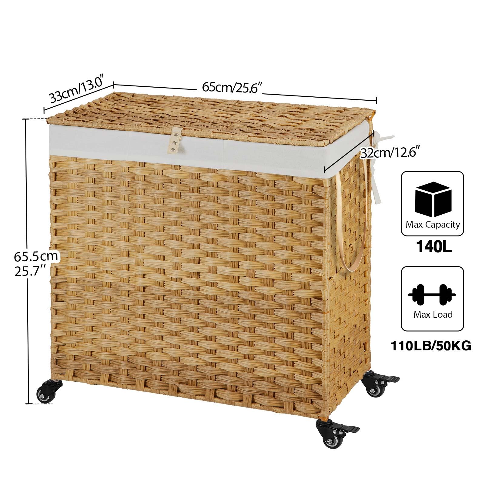 Greenstell Laundry Hamper with Wheels&Lid, 140L Large 3 Sections Clothes Hamper with 2 Types Removable Liner Bags, 5 Mesh Laundry Bags, Handwoven Divided Laundry Basket for Clothes, Natural