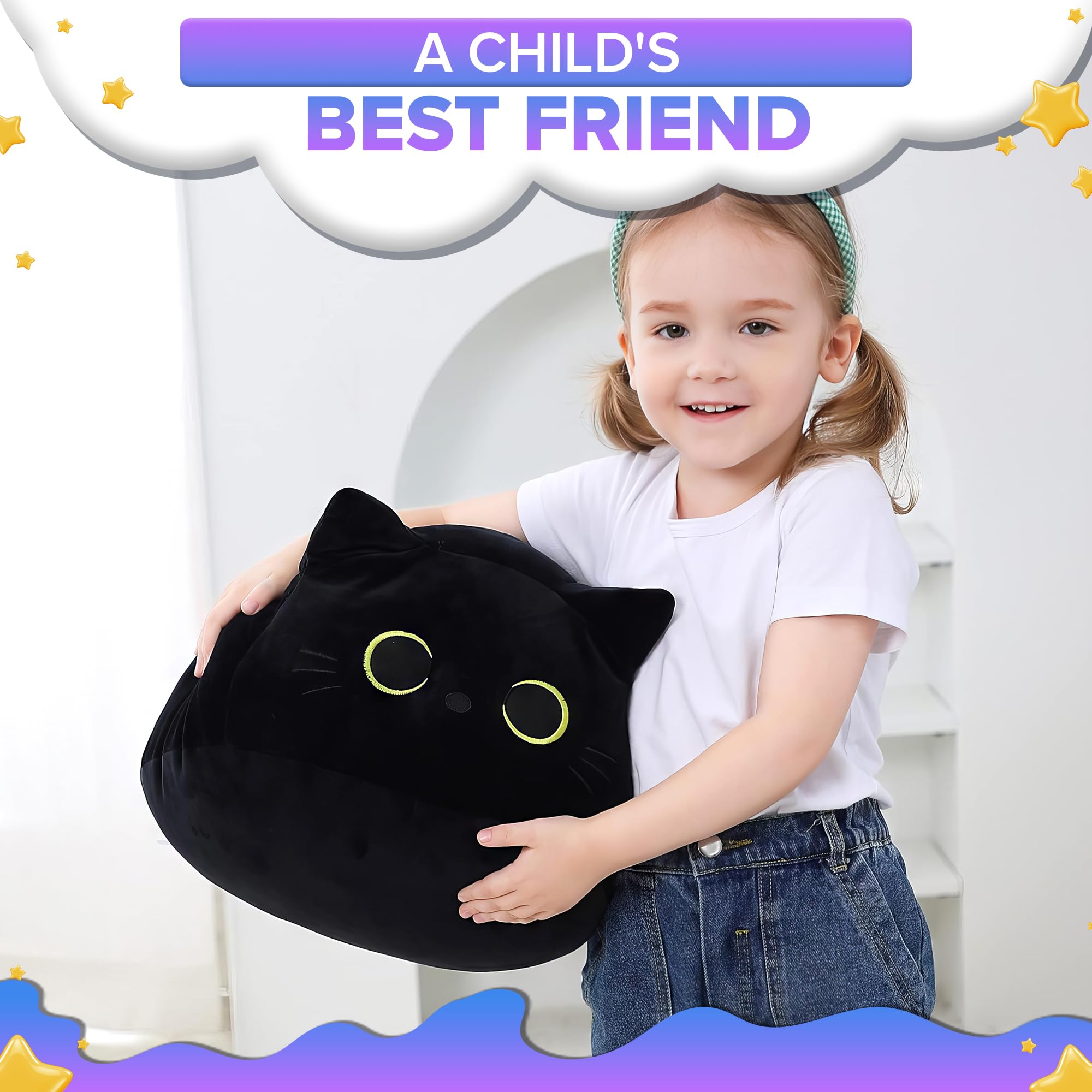 3d Black Cat Plush Toy - Stuffed Cat Plush Pillow Black Cat Stuffed Animal Cute Cat Plush Black Cat Plushies for Girls Black Cat Pillow - Cat Plushy Cat Stuffed Animals Cats Plush Toys Black Cat Gifts