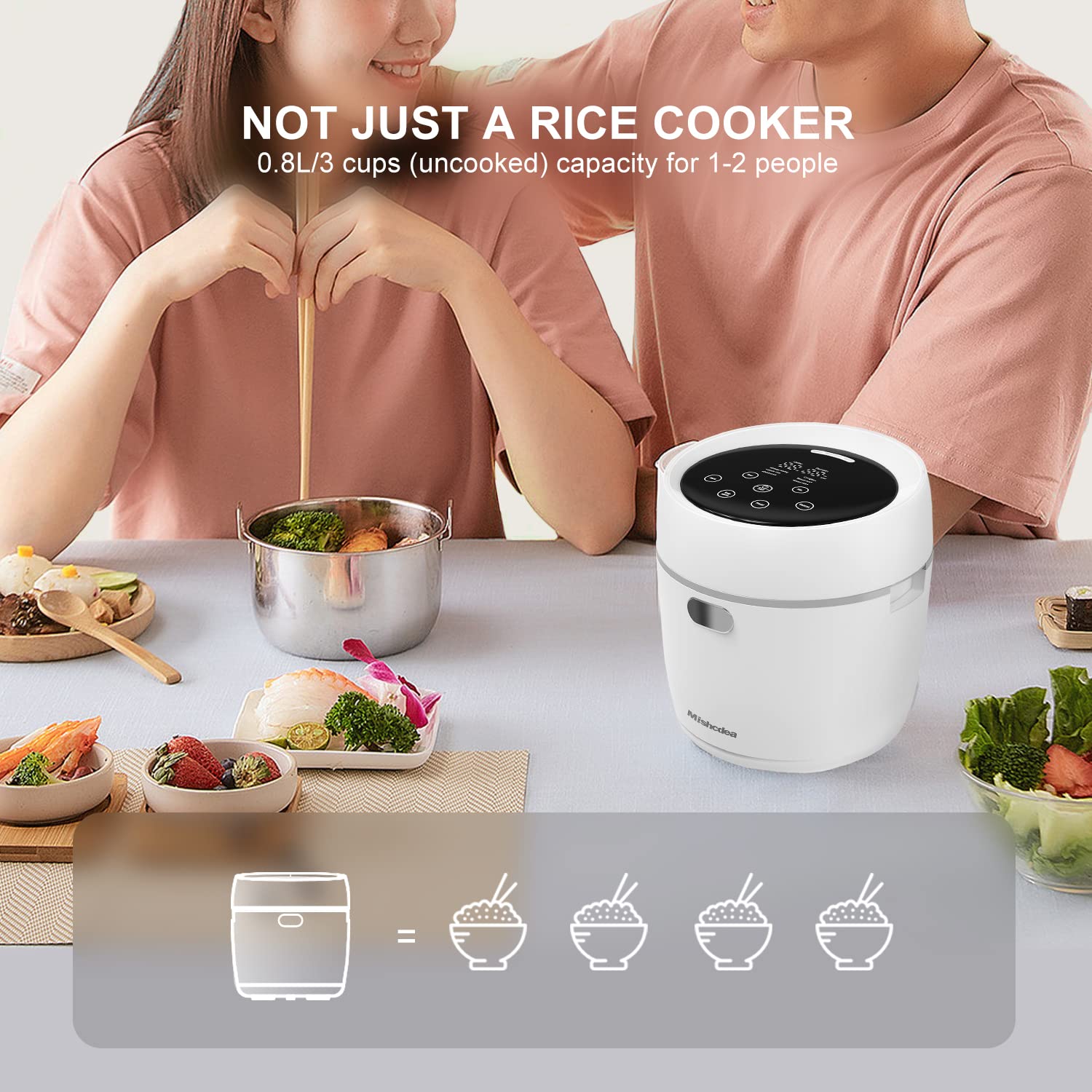 Mishcdea Small Rice Cooker 3-Cup Uncooked, Mini Rice Cooker Ceramic Nonstick for 1-2 People, Multi Menus with Smart Touch Screen, Timer & Warmer, for Quinoa, Oats and Grains, White