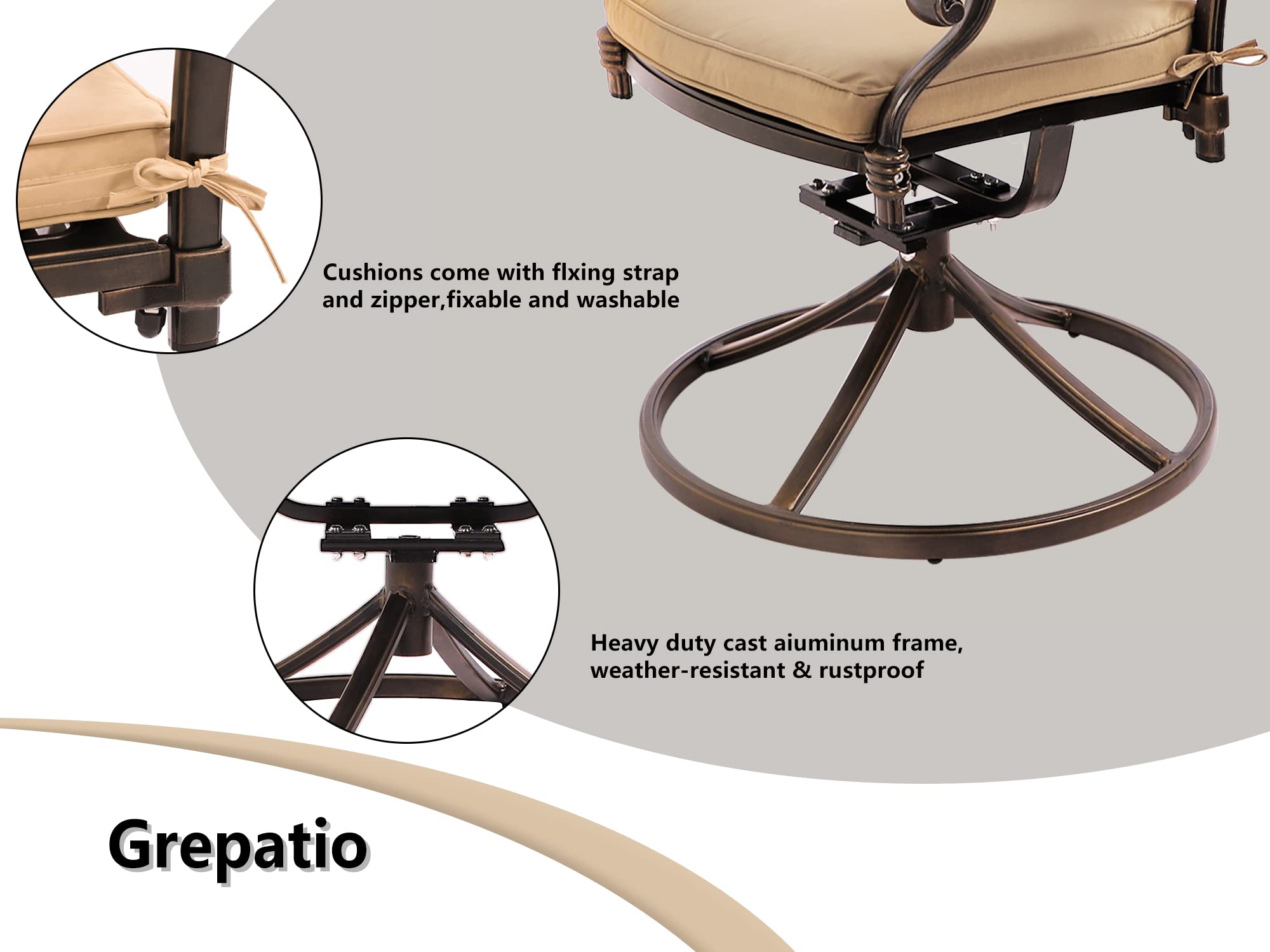 Grepatio 5 Piece Cast Aluminum Patio Dining Set Outdoor Furniture Set Patio Garden Set with 4 Swivel Rocker Ding Chairs, 4 Cushions and 35.4" Square Patio Table 2.4" Umbrella Hole (Khaki)