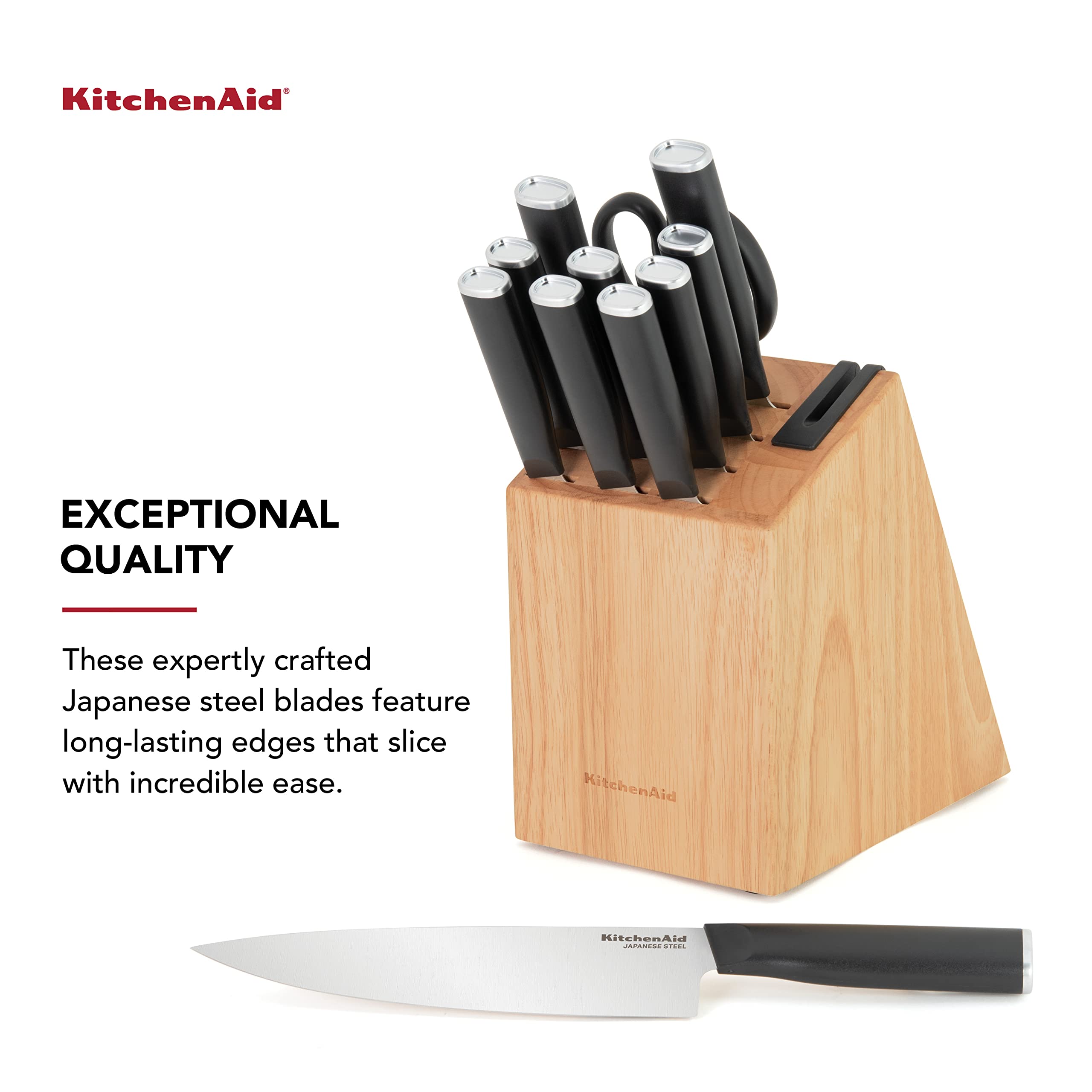 KitchenAid Classic 12 Piece Knife Block Set with Built in Knife Sharpener, High Carbon Japanese Stainless Steel Kitchen Knives, Sharp Kitchen Knife Set with Block, Rubberwood