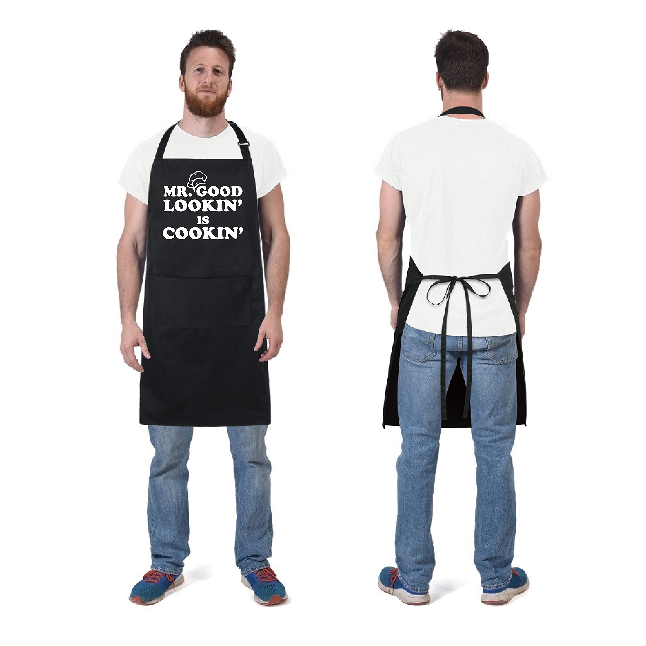 Xornis 100% Cotton Funny Aprons for Men Mr. Good Looking is Cooking Kitchen Grill BBQ Adjustable Bib Aprons with 2 Pockets Gifts for Dad Father's Day Birthday Anniversary