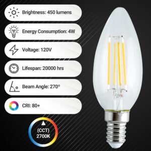 BlueStars Christmas Decoration C35 E14 European Base LED Bulb 4W (40W Equivalent), 2700K Warm White 450lm, C35 Clear Torpedo Shape Bullet Top for Chandeliers, Ceiling Fan, Wall sconces - 6 Packs