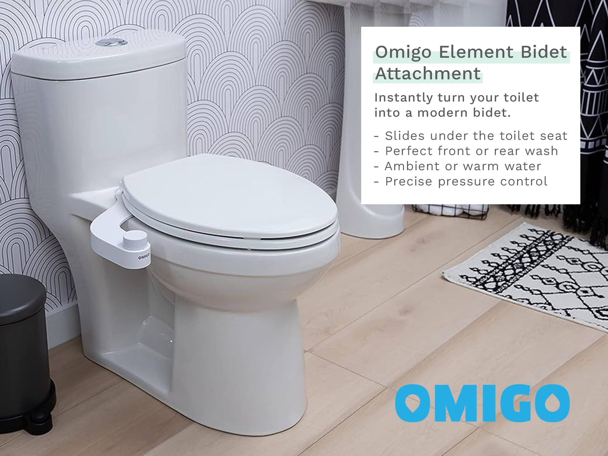 Omigo Element Bidet Attachment Non-Electric Thin Modern Design, Dedicated Rear and Front Self-Cleaning Nozzles with Pressure Control Dial (Dual Temp, White)