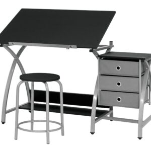 SD STUDIO DESIGNS 2 14 Piece Comet Center Plus, Craft Table and Matching Stool Set with Storage and Adjustable Top, 50x23.75x29.5 inches, Silver/Black