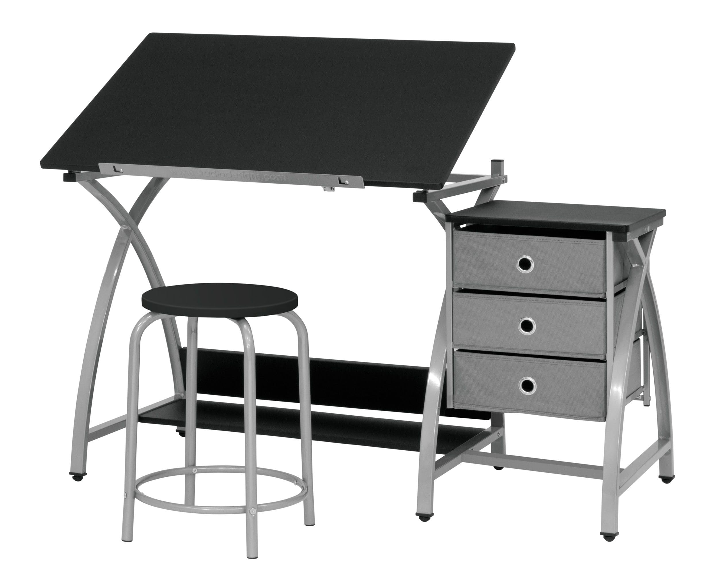 SD STUDIO DESIGNS 2 14 Piece Comet Center Plus, Craft Table and Matching Stool Set with Storage and Adjustable Top, 50x23.75x29.5 inches, Silver/Black