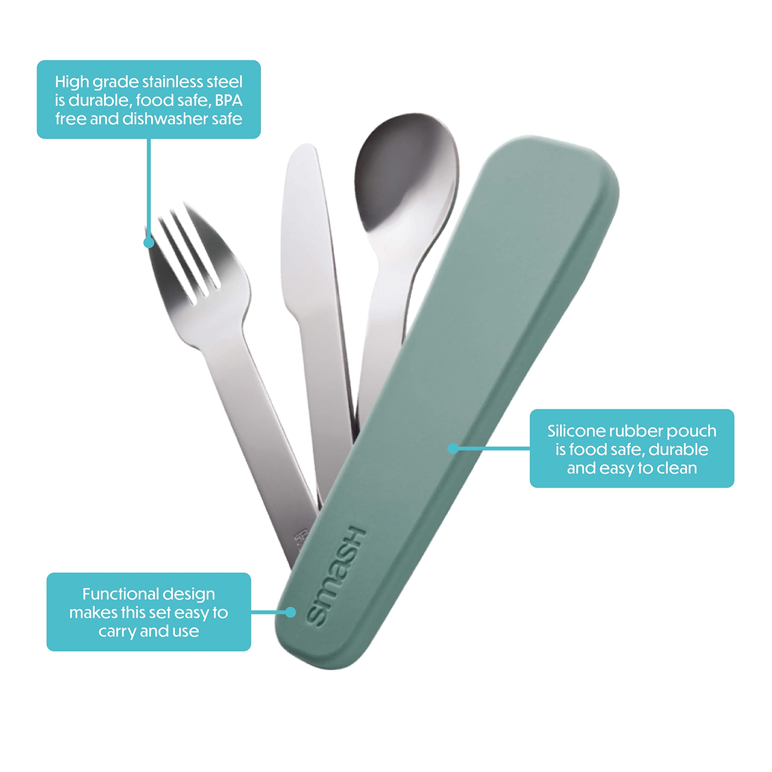 Smash Reusable Stainless Steel Travel Utensils/Cutlery Set with Silicone Case Sage