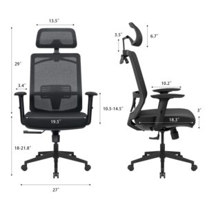 Furmax Ergonomic Office Chair, High Back Desk Chair with Adjustable Headrest, Lumbar Support and Armrests, Mesh Computer Chair with Clothes Hanger (Black)