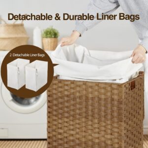 GREENSTELL Laundry Hamper with Lid, 90L Clothes Hamper with 2 Removable Liner Bags & 2 Mesh Laundry Bags, Handwoven Synthetic Rattan Laundry Basket for Clothes, Toys in Bathroom, Bedroom Natural