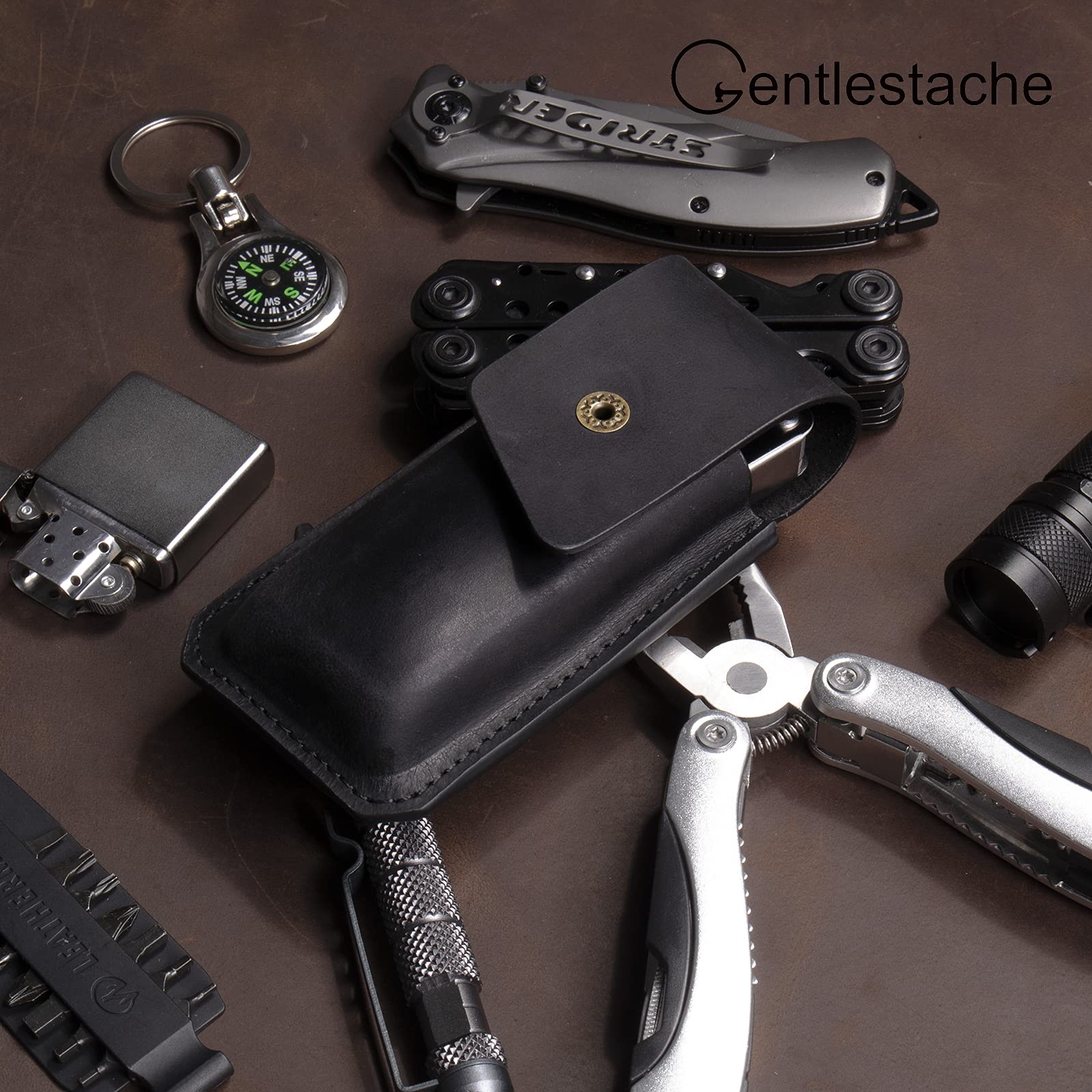 Gentlestache Leather Knife Sheath for Belt, EDC Leather Belt Organizer, Belt Sheath for Multitool and Flashlight, Color Black