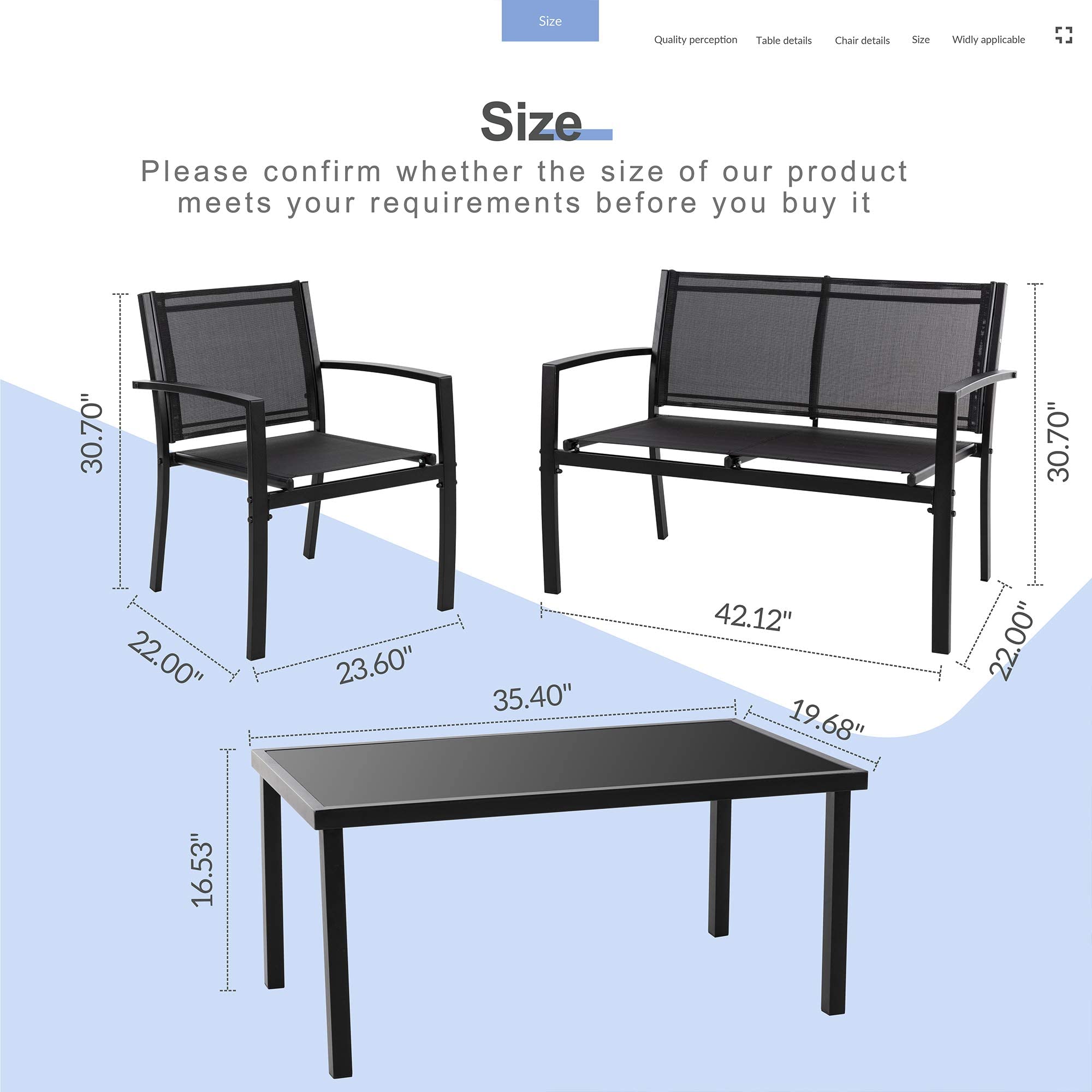 Meilocar 4 Pieces Patio Furniture, Textilene Metal Outdoor Furniture Set, Modern Conversation Set with Loveseat Tea Table, Small Outdoor Patio Chat Set for Backyard, Porch, Lawn and Balcony (Black)