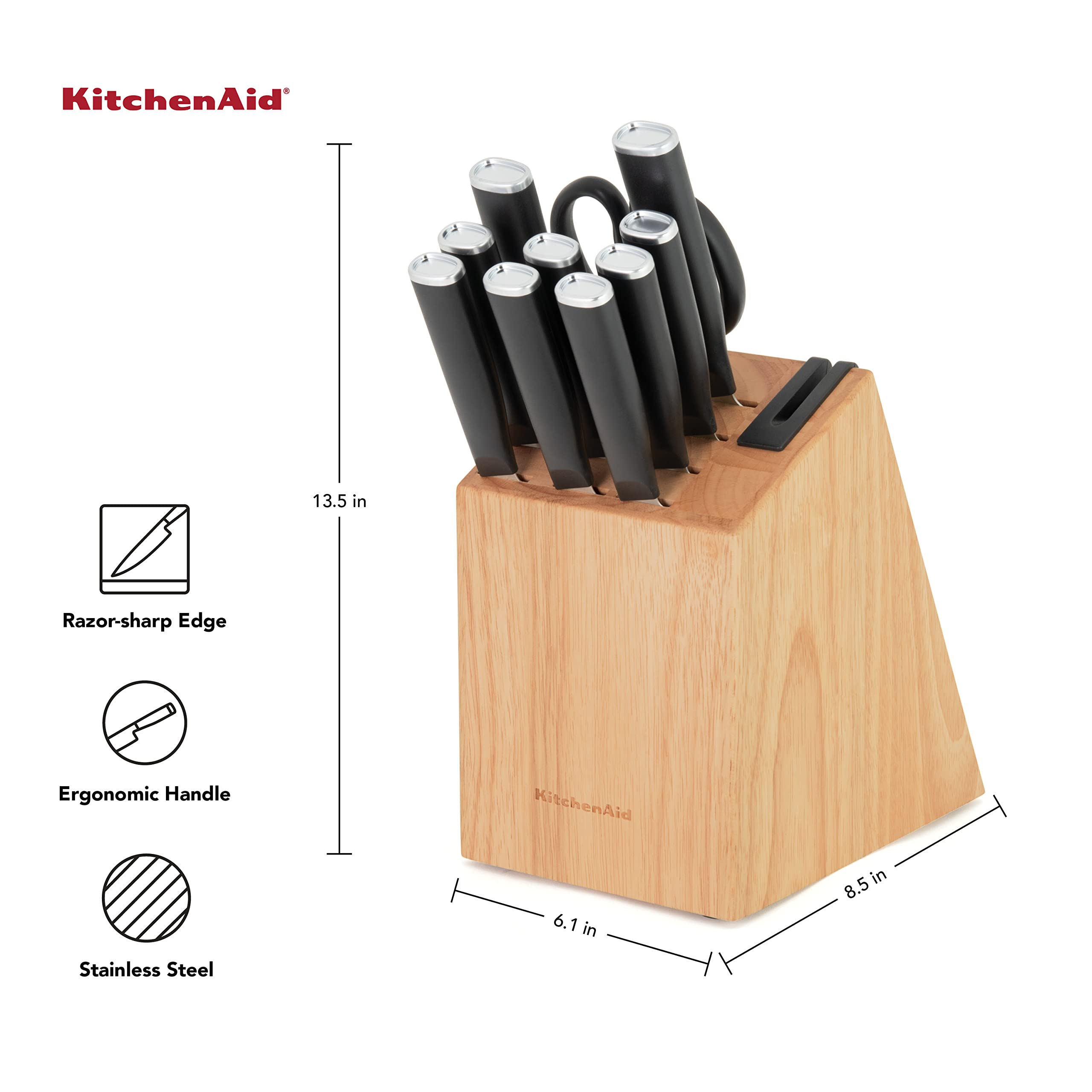 KitchenAid Classic 12 Piece Knife Block Set with Built in Knife Sharpener, High Carbon Japanese Stainless Steel Kitchen Knives, Sharp Kitchen Knife Set with Block, Rubberwood