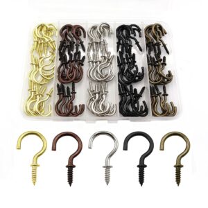 idealsv 100 pcs cup hooks 7/8 inch screw ceiling hooks christmas lights hooks patio hanging hooks jewelry hooks 5 colors gold,bronze,black,antique copper,silver