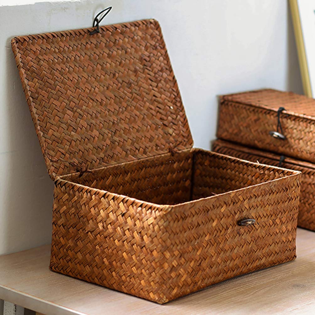 Cabilock 1pc Straw Storage Box Wicker Storage Basket Stacking organizing Basket Seagrass Storage Basket Woven Storage Bins Basket Organizer Cutlery Basket Desktop Natural Seagrass