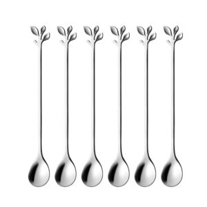 long handle iced tea spoons set of 6, comicfs 7.6" ice cream spoon, creative silver leaf cocktail stirring spoons, premium food grade stainless steel, mirror finish & dishwasher safe (6 pcs, silver)