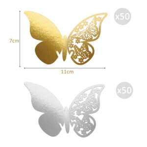 Kesote 100Pcs Wedding Party Table Name Number Place Cards, 3D Butterfly for Wine Glass Decoration Wall Decals, Gold and Silver