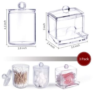 Protecu Qtip Holder Apothecary Jars Plastic Qtip Dispenser Clear Containers with Lids | Bathroom Canisters Makeup Organizer for Cotton Ball Swab Rounds Sponge Pad (3 Pack, 2 11 Oz 1 9 Oz)