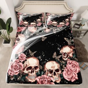 feelyou rose skull fitted sheet gothic skull bedding set for kids boys girls children horror skeleton design bed sheet set ultra soft decor retro vintage bed cover twin size