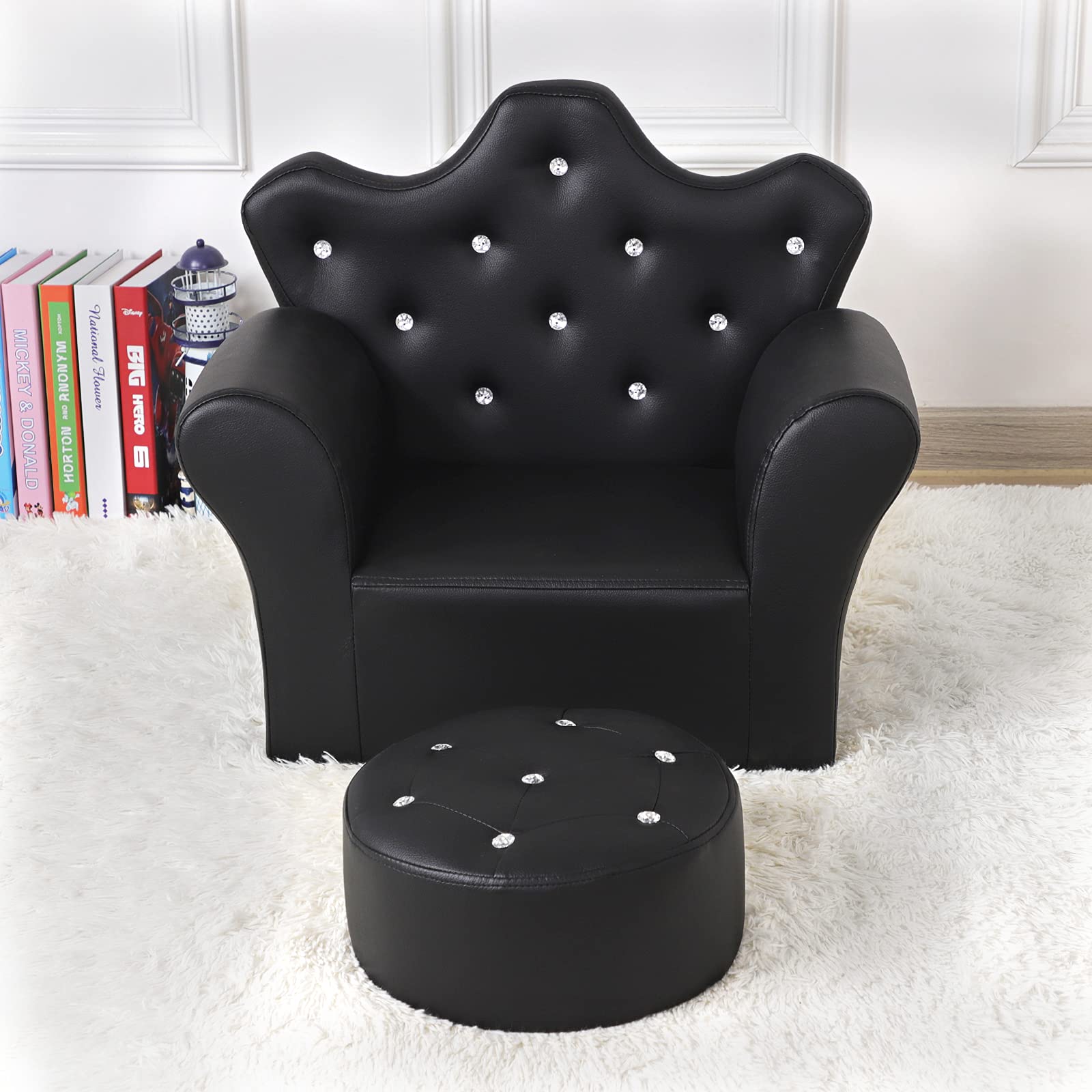 Kids Sofa Chair with Ottoman Set, PVC Leather Kids Armchair with Footstool, Small Toddler Couch with Wooden Frame for 1-4 Years Old Children,L22 *W15 *H18 (Black)