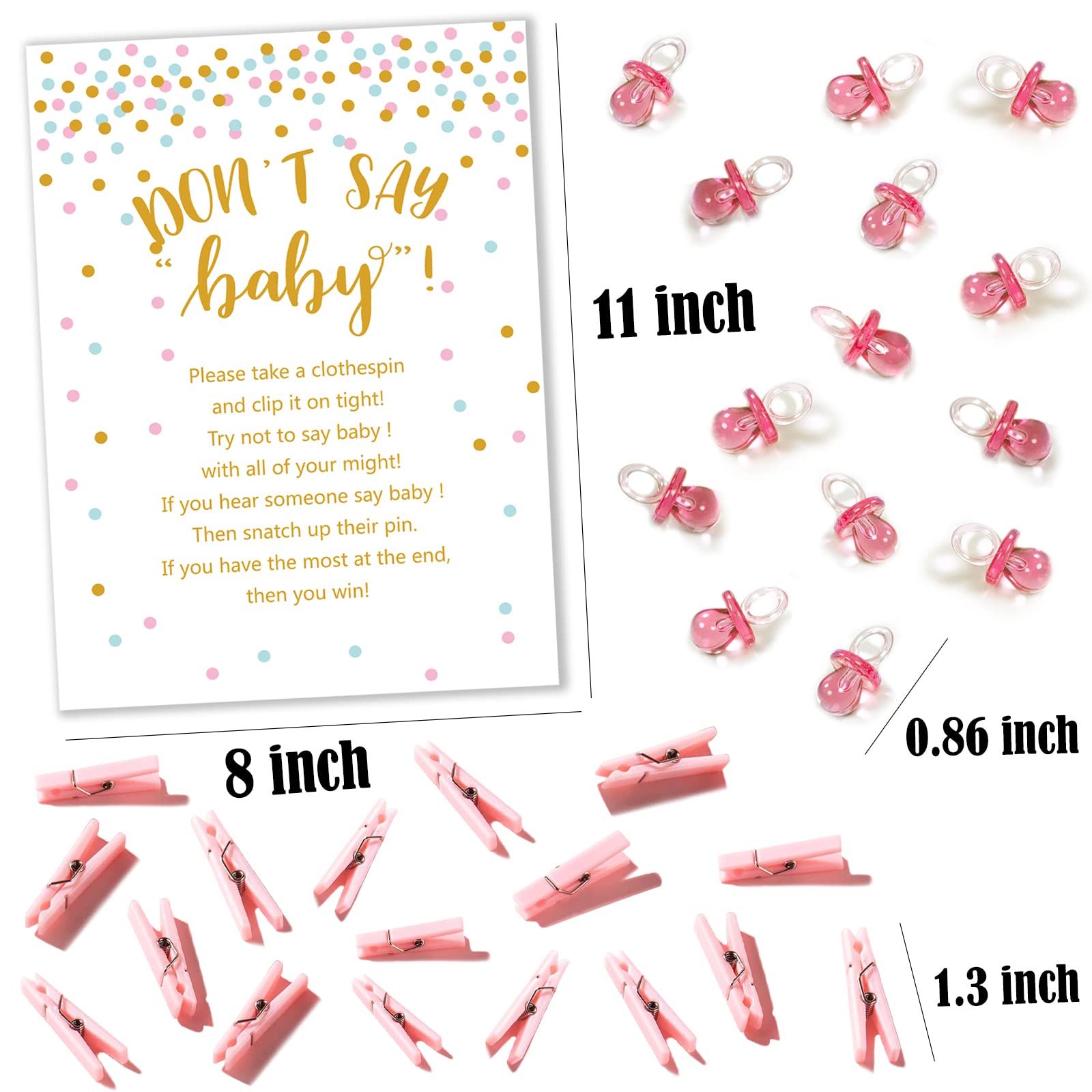 Don't Say Baby Shower Clothespin Game for Girl Includes 8x11 Standing Sign, 60 Mini Pink Clothes Pin, 60 Mini Pacifiers