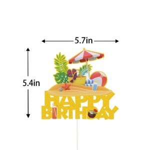 Gold Glitter Beach Happy Birthday Cake Topper, Summer Beach Birthday Cake Decor, Hawaiian Luau Bday Party Decoration Supplies