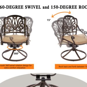 Grepatio 5 Piece Cast Aluminum Patio Dining Set Outdoor Furniture Set Patio Garden Set with 4 Swivel Rocker Ding Chairs, 4 Cushions and 35.4" Square Patio Table 2.4" Umbrella Hole (Khaki)