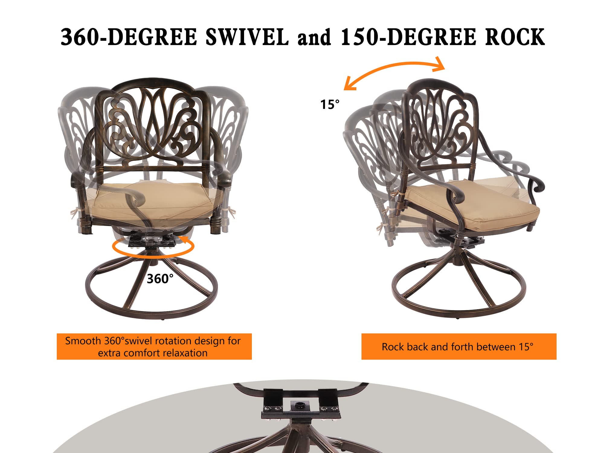 Grepatio 5 Piece Cast Aluminum Patio Dining Set Outdoor Furniture Set Patio Garden Set with 4 Swivel Rocker Ding Chairs, 4 Cushions and 35.4" Square Patio Table 2.4" Umbrella Hole (Khaki)