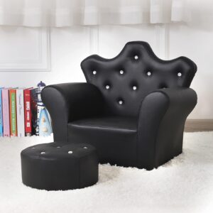 kids sofa chair with ottoman set, pvc leather kids armchair with footstool, small toddler couch with wooden frame for 1-4 years old children,l22 *w15 *h18 (black)