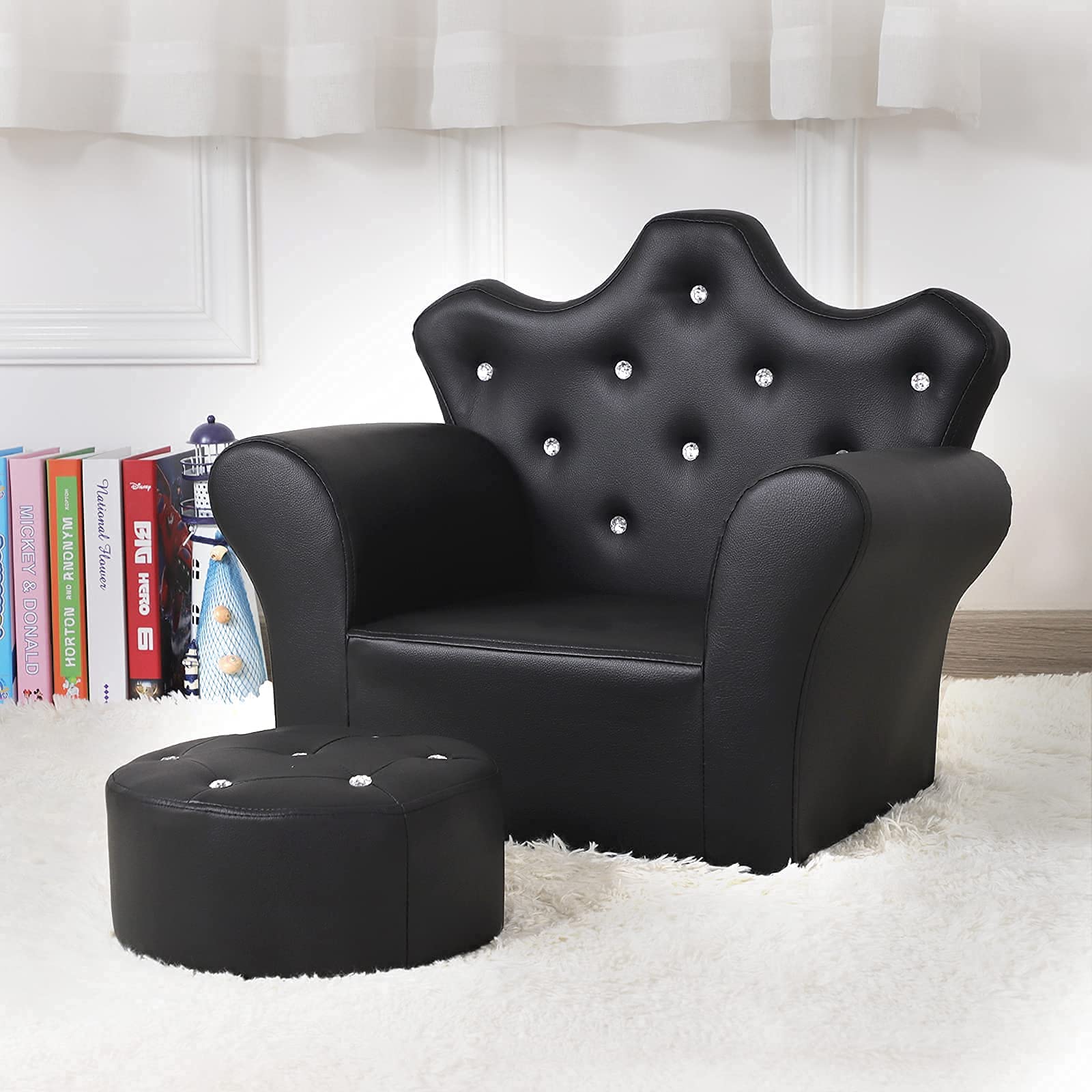 Kids Sofa Chair with Ottoman Set, PVC Leather Kids Armchair with Footstool, Small Toddler Couch with Wooden Frame for 1-4 Years Old Children,L22 *W15 *H18 (Black)