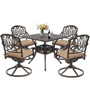 grepatio 5 piece cast aluminum patio dining set outdoor furniture set patio garden set with 4 swivel rocker ding chairs, 4 cushions and 35.4" square patio table 2.4" umbrella hole (khaki)