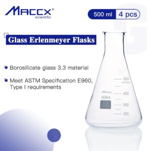 Maccx 16.9oz(500ml) Narrow-Mouth Sturdy Glass Erlenmeyer Flask, 3.3 Borosilicate with Printed Graduation, Pack of 4, EFN500-004