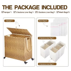 Greenstell Laundry Hamper with Wheels&Lid, 140L Large 3 Sections Clothes Hamper with 2 Types Removable Liner Bags, 5 Mesh Laundry Bags, Handwoven Divided Laundry Basket for Clothes, Natural