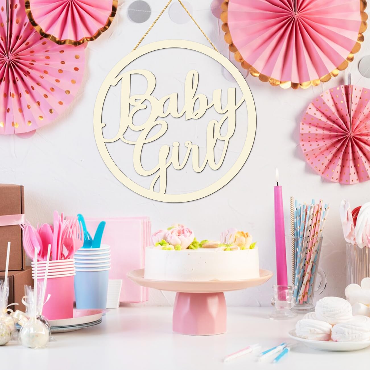 Baby Girl Wood Sign Baby Shower Decorations for Girl Cutout Wooden Baby Announcement Sign Baby Shower Photobooth Props for Gender Reveal Party Supplies