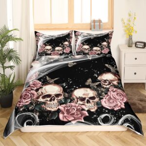 feelyou rose skull duvet cover gothic skull bedding set for kids boys girls horror skeleton design comforter cover ultra soft decor retro vintage bedspread cover queen size zipper (no comforter)