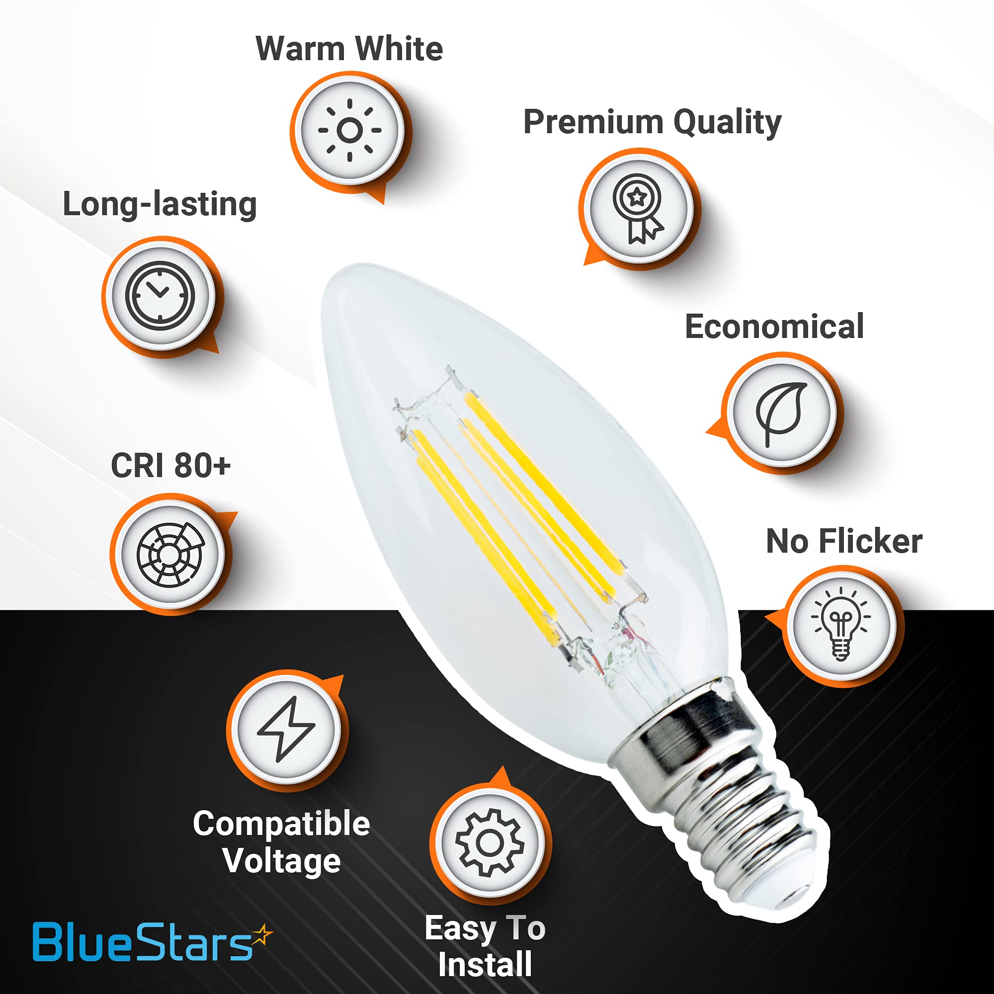 BlueStars Christmas Decoration C35 E14 European Base LED Bulb 4W (40W Equivalent), 2700K Warm White 450lm, C35 Clear Torpedo Shape Bullet Top for Chandeliers, Ceiling Fan, Wall sconces - 6 Packs