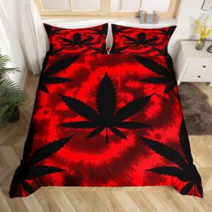 cannabis leaves duvet cover queen size red black tie dye vintage hohemia bedspread with ties for teens adultsmarijuana weed leaf bedding comforter sets 3 pieces decorative bed cover,no comforter