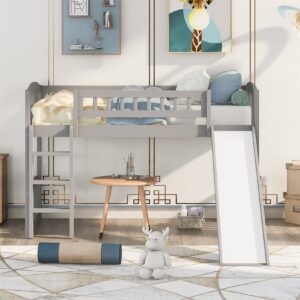 Harper & Bright Designs Kids Low Loft Bed with Slide, Twin Loft Beds for Kids, Wood Loft Bed Frame with Ladder for Boys and Girls, No Box Spring Needed, Gray