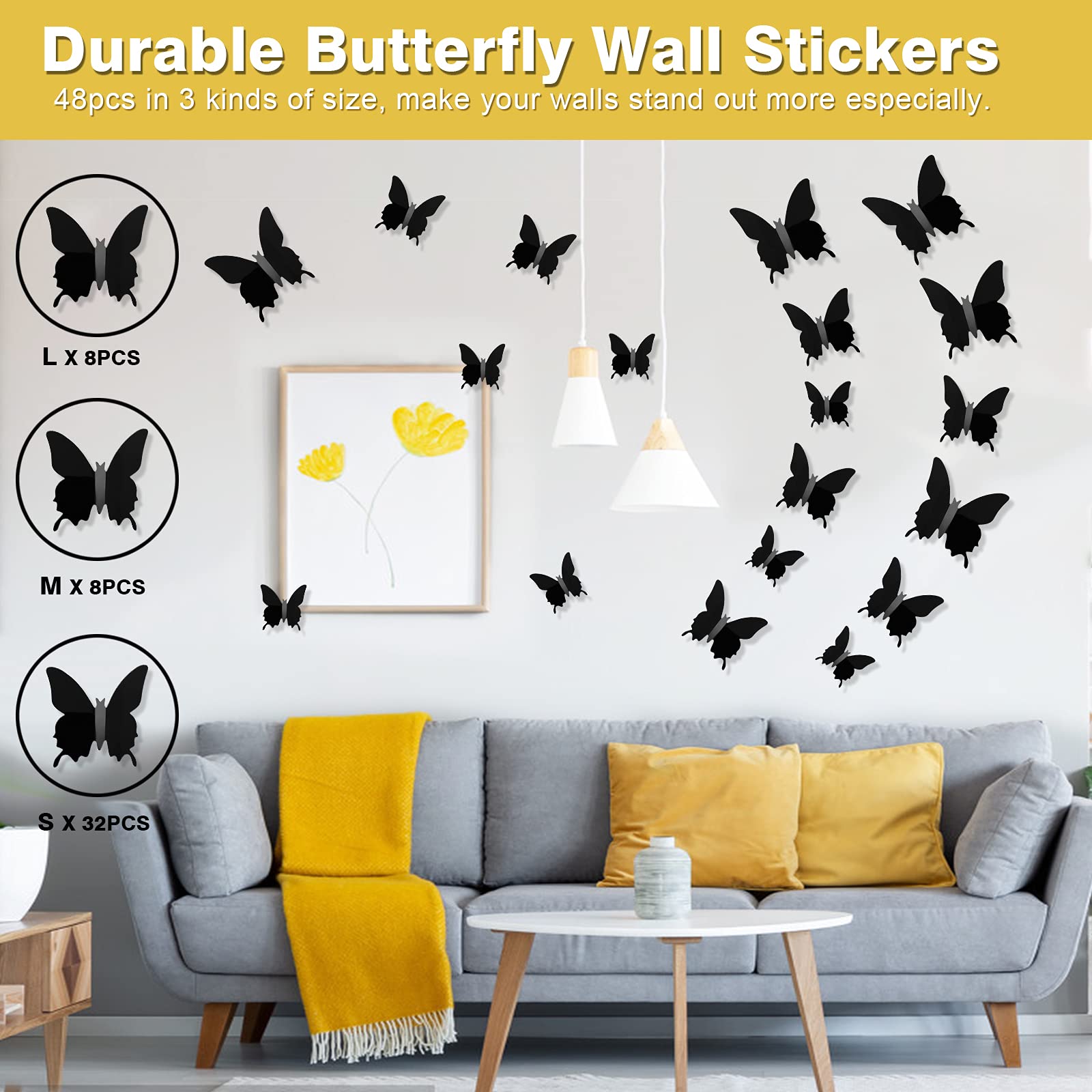 Ryangic 3D Butterfly Wall Decor 48pcs Black Polished Butterflies Wall Stickers 3 Sizes Durable Butterfly Wall Decals DIY Wall Art for Bedroom Living Room Halloween Decoration Party Indoor (Black)