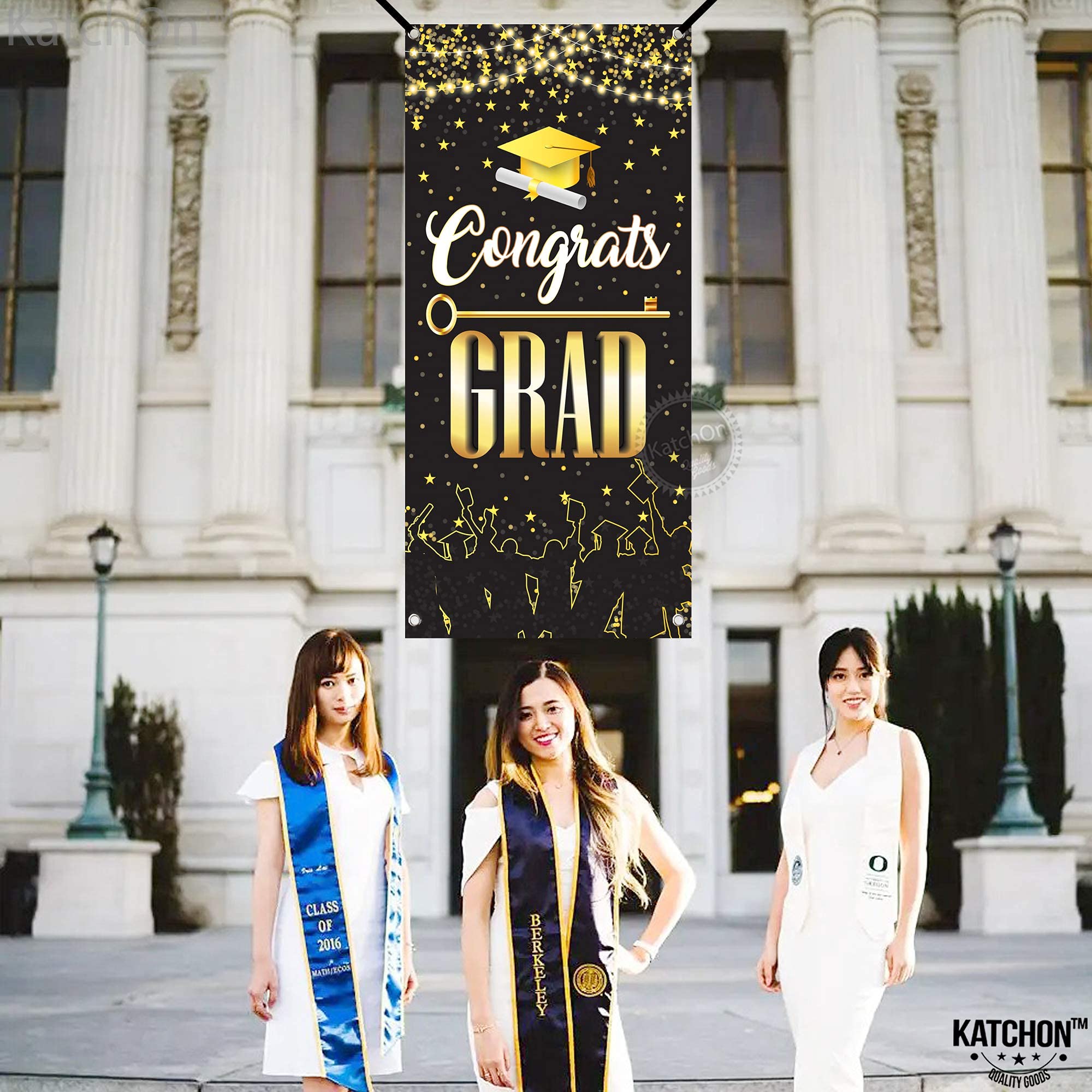 KatchOn, Congrats Grad Graduation Door Banner - Large, 74x36 Inch | Graduation Banner, Black and Gold Graduation Decorations Class of 2024 | Congrats Grad Banner for 2024 Graduation Party Decorations