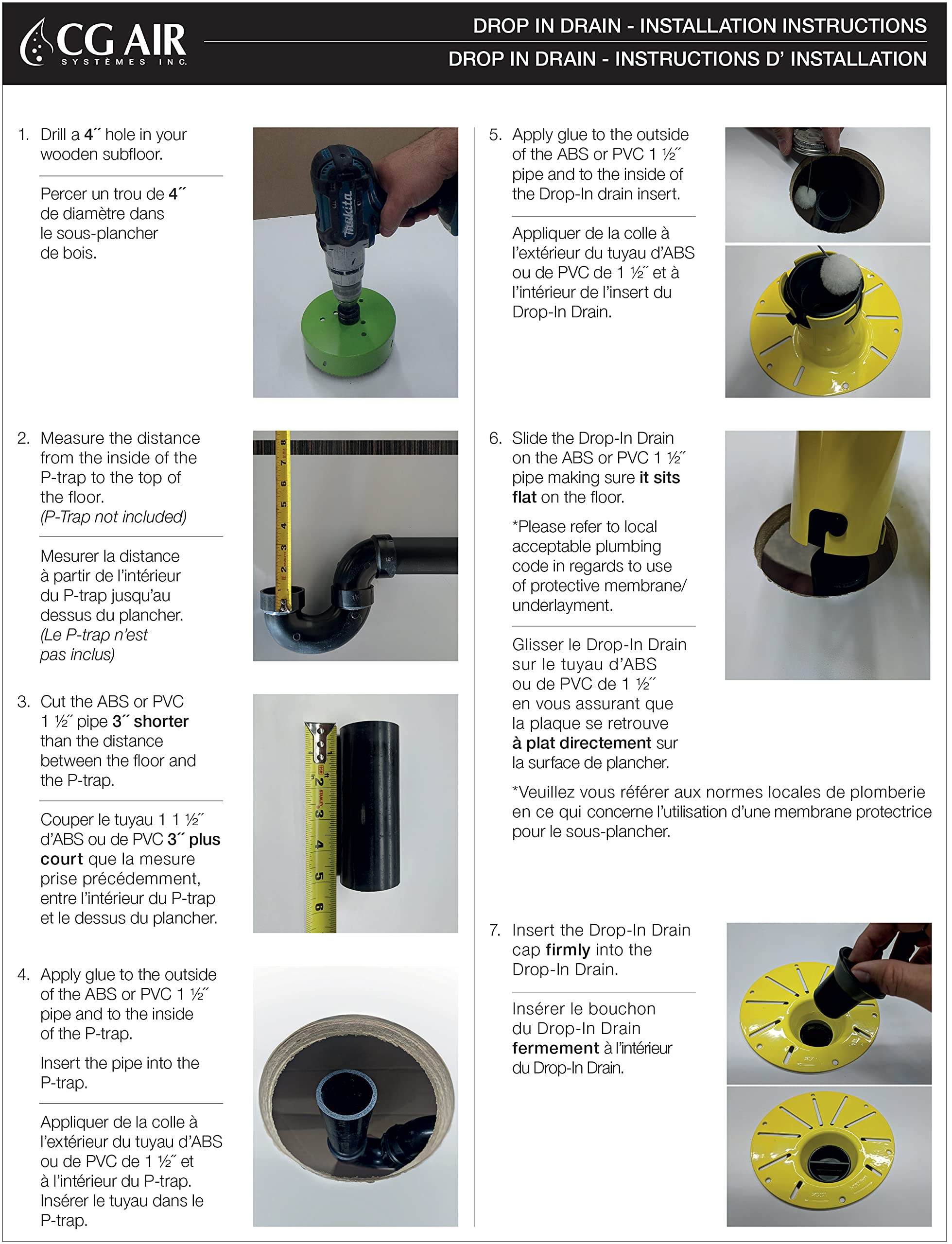 DROP-IN DRAIN Installation Kit for Freestanding Bathtub - with White PVC Pipe and brass pipes