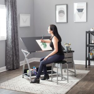 SD STUDIO DESIGNS 2 14 Piece Comet Center Plus, Craft Table and Matching Stool Set with Storage and Adjustable Top, 50x23.75x29.5 inches, Silver/Black