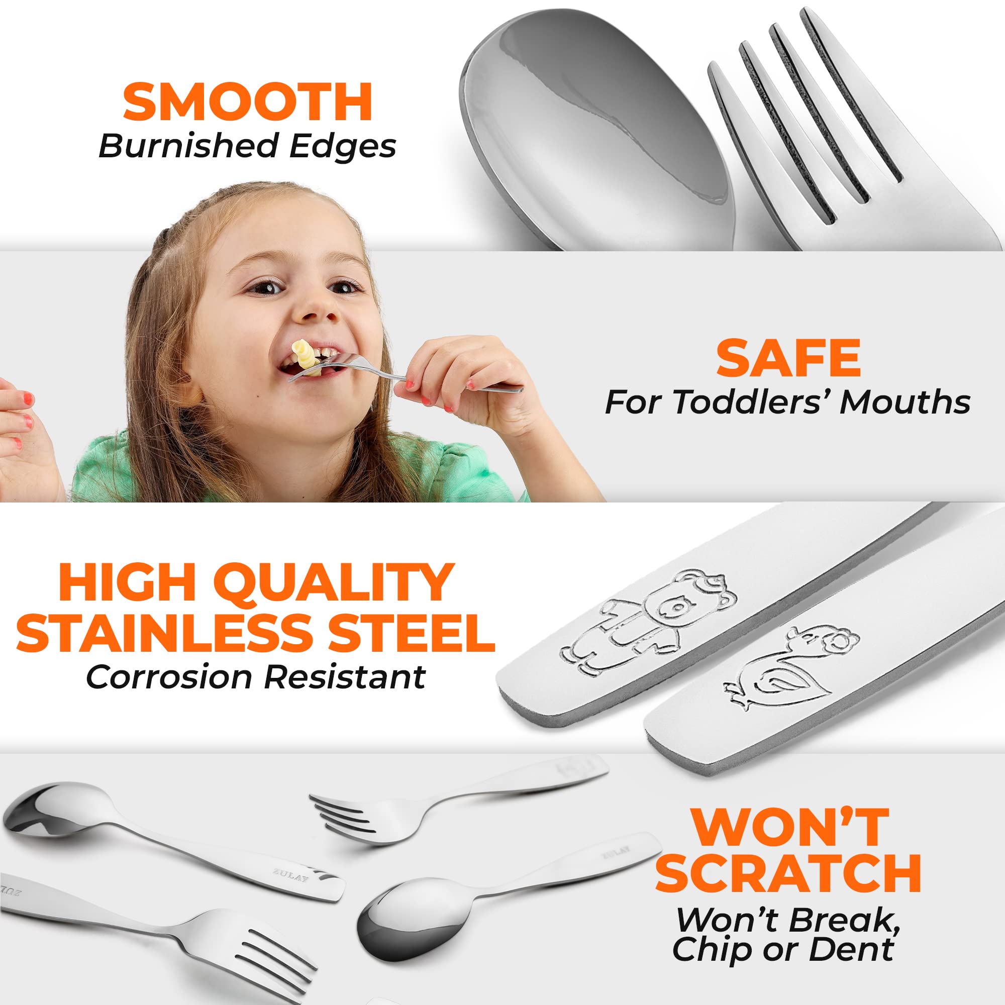 Zulay Kitchen 8 Pieces Toddler Utensils - Kids Stainless Silverware Set - Children & Toddler Safe Forks & Spoons - Smooth Edge, Mirror Polished, & Dishwasher Safe Kids Utensils (4 Forks & 4 Spoons)