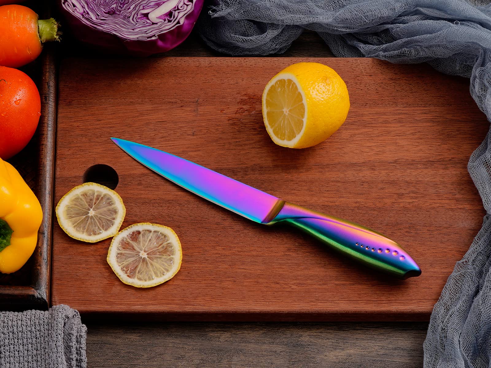 WELLSTAR Rainbow Kitchen Utility Knife 5 Inch, Super Sharp Fine Edge Fruit Vegetable Slicing Knife with German Stainless Steel Forged Blade and Titanium Coating – Small Multipurpose Knife