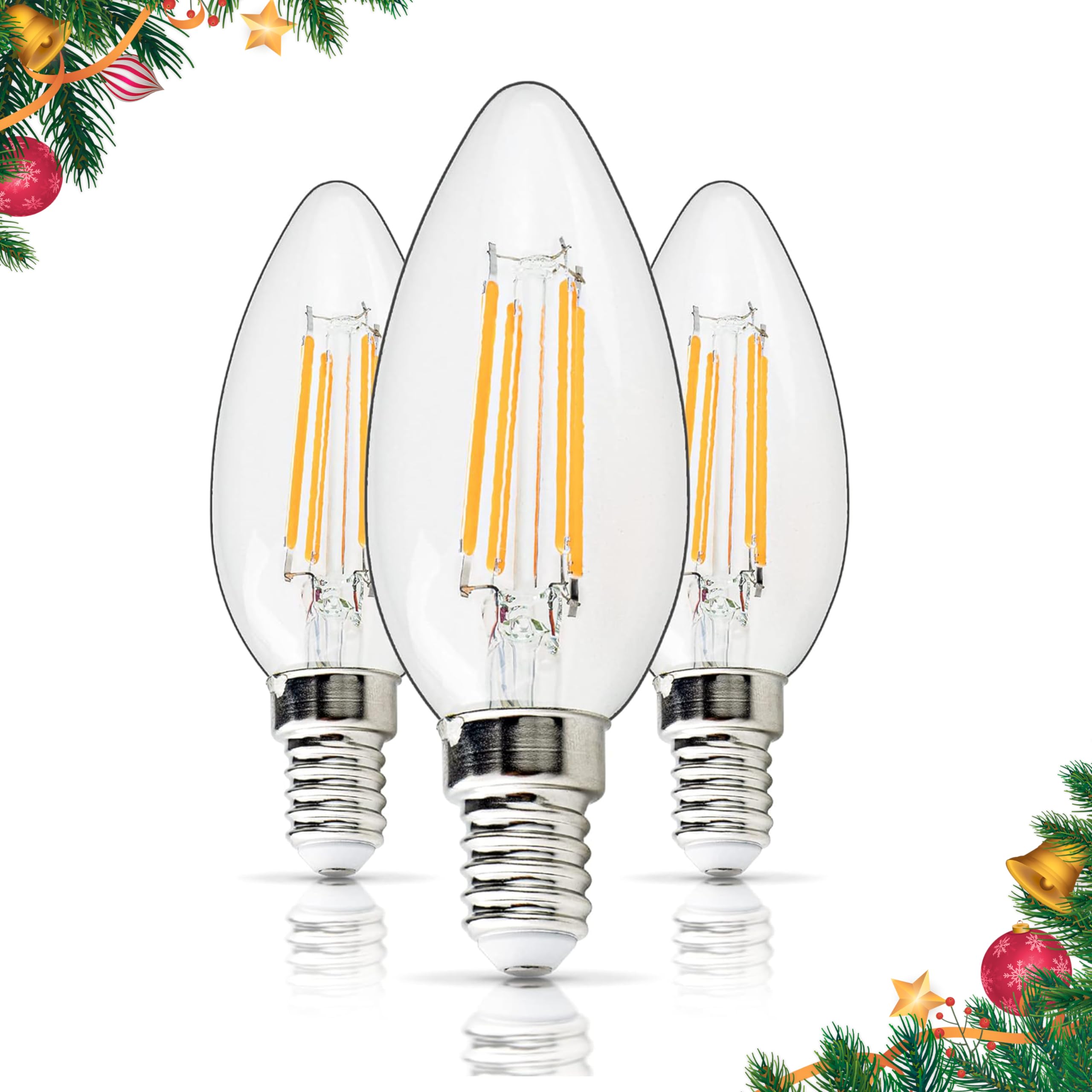 BlueStars Christmas Decoration C35 4W LED Bulb E14 European Base (40 Watt Equivalent), 2700K Warm White, 450lm, Candle Shape Clear Glass for Chandeliers, Ceiling Fans, Wall sconces - Pack of 3