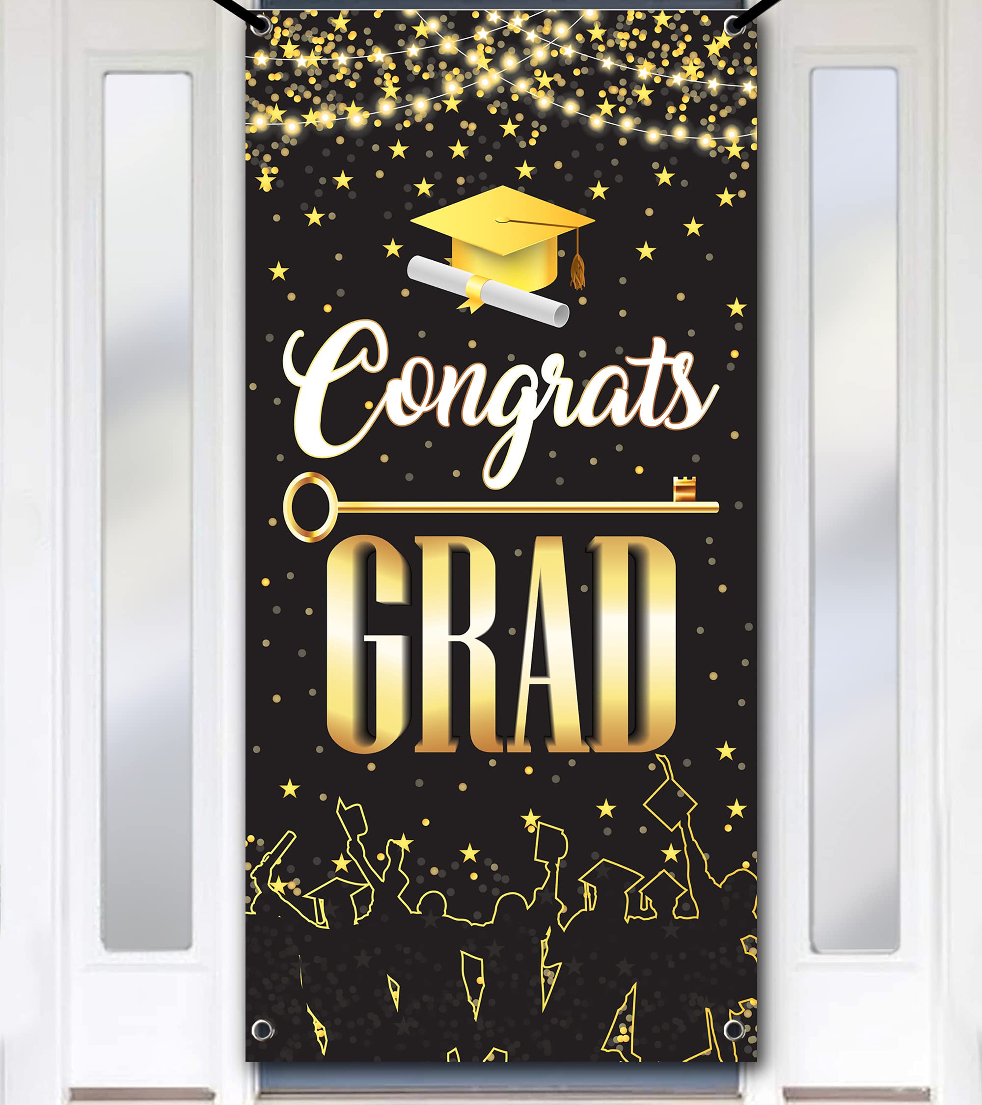 KatchOn, Congrats Grad Graduation Door Banner - Large, 74x36 Inch | Graduation Banner, Black and Gold Graduation Decorations Class of 2024 | Congrats Grad Banner for 2024 Graduation Party Decorations