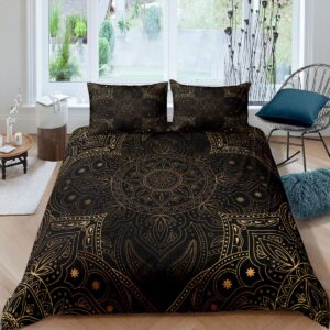 erosebridal bohemian comforter cover golden mandala duvet cover set paisley floral bedding set for kids boys girls exotic tribal boho bedclothes with 2 pillow cases queen size bedroom decor gold black