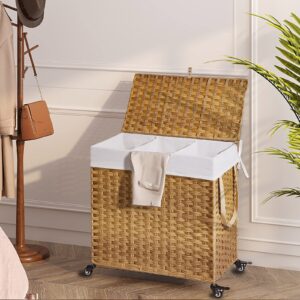 Greenstell Laundry Hamper with Wheels&Lid, 140L Large 3 Sections Clothes Hamper with 2 Types Removable Liner Bags, 5 Mesh Laundry Bags, Handwoven Divided Laundry Basket for Clothes, Natural