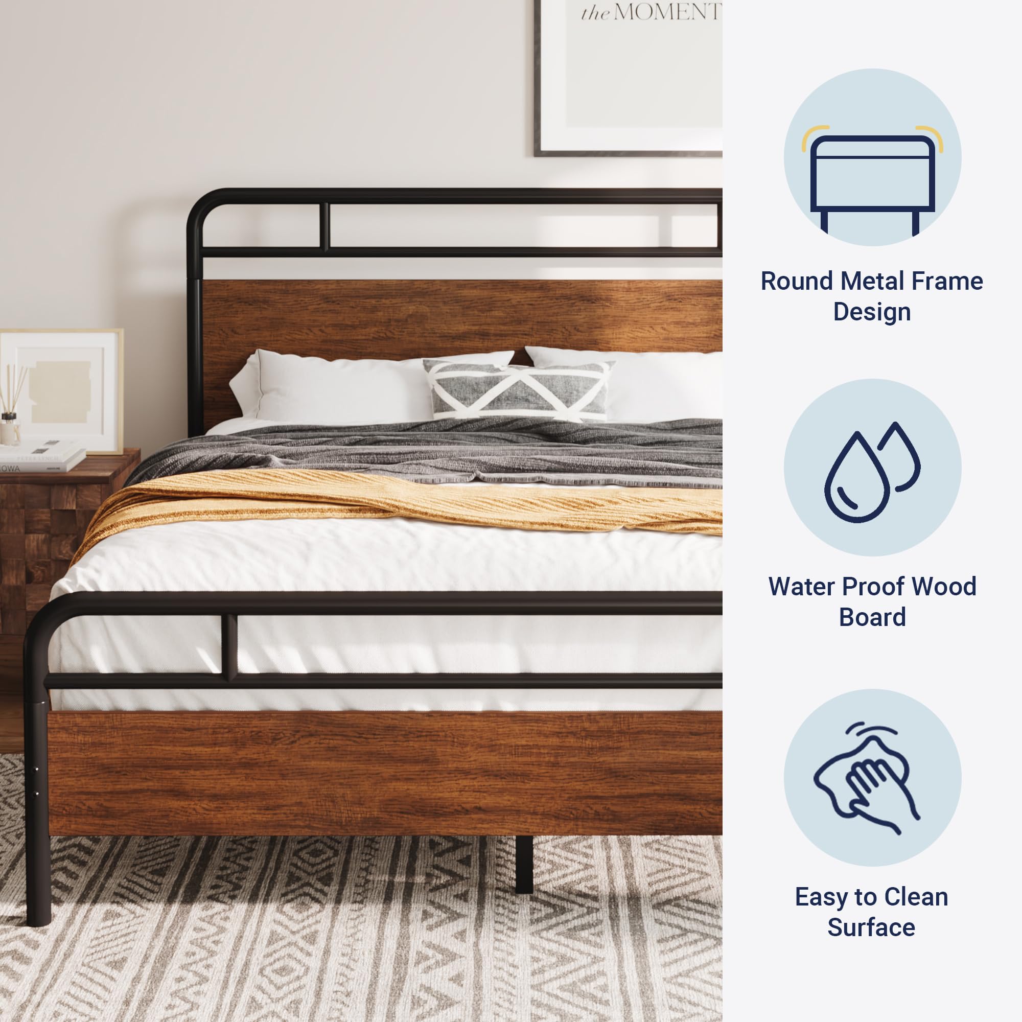 Allewie Queen Size Platform Bed Frame with Wooden Headboard and Footboard, Heavy Duty 13 Metal Slats Support, Under Bed Storage, No Box Spring Needed, Noise Free, Easy Assembly, Walnut